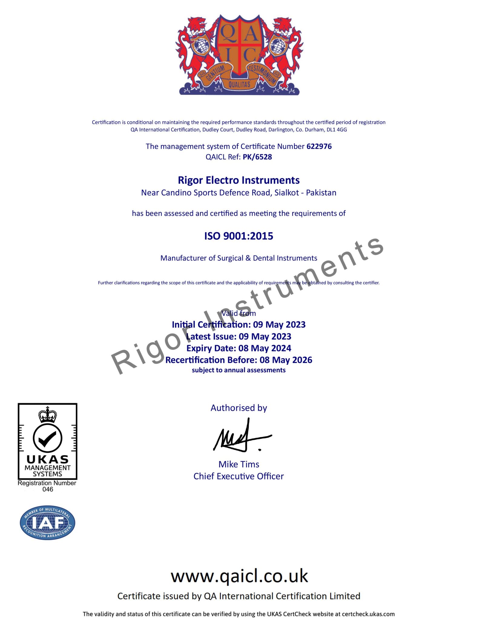 Certifications | Rigor Instruments